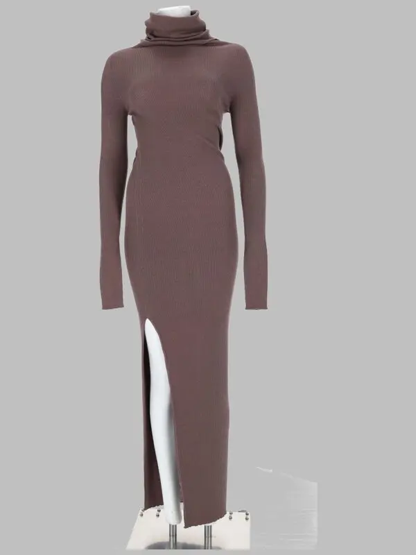 Rick Owens Ribbed Turtleneck Long Sleeve Maxi Dress With Slit