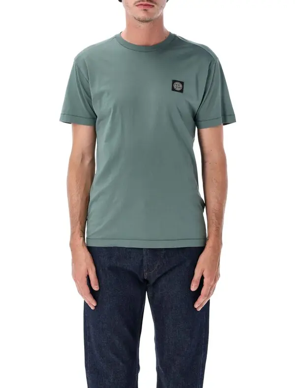Stone Island Compass Patch Mini Cotton T-shirt With Chain Stitch Finish - Ocean Green