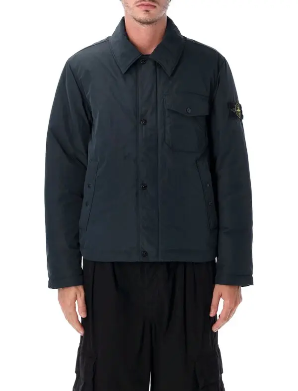Stone Island Down Padded Coach Jacket With Adjustable Neck Strap And Snap Pockets - Blu