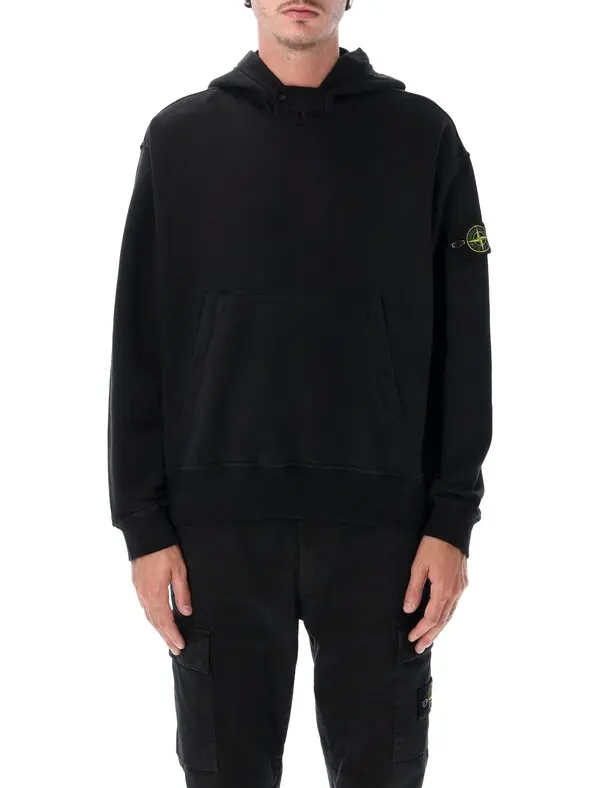 Stone Island Oversized Brushed Cotton Hoodie With Snap Collar - Nero