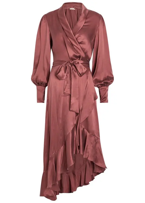 Zimmermann Asymmetric Silk Midi Wrap Dress - Rose