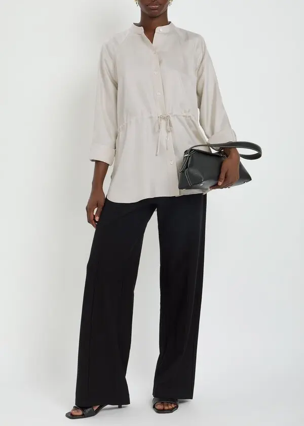 Eileen Fisher Mandarin Collar Silk Shirt With Drawstring Waist