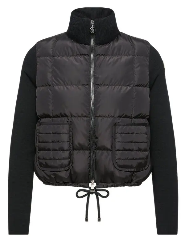 Moncler Merino Wool Down-filled Nylon Front & Back Sweater Jacket With Zip Closure, Patch Pockets & Drawstring Hem - Nero