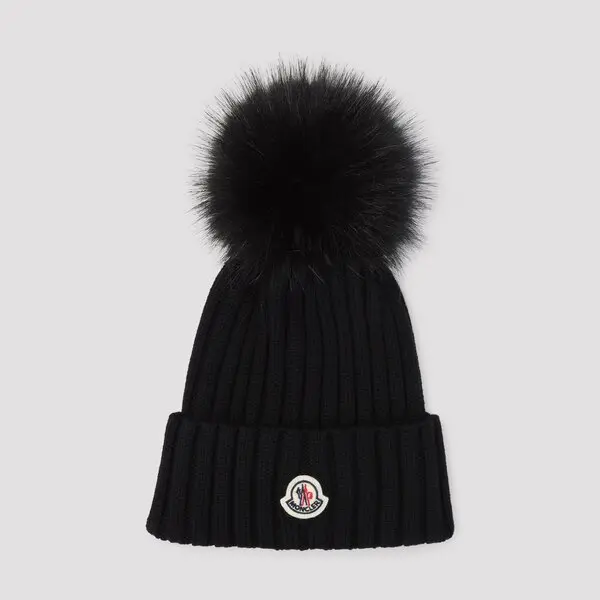 Moncler Ribbed Knit Beanie With Faux Fur Pom Pom - Black