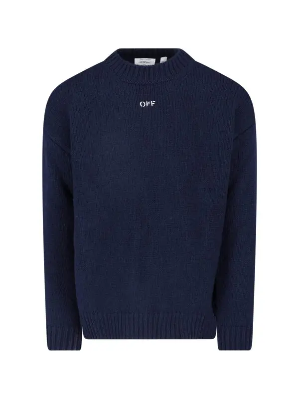 Off-White Crewneck Knit Sweater With Embroidered Detail - Blue