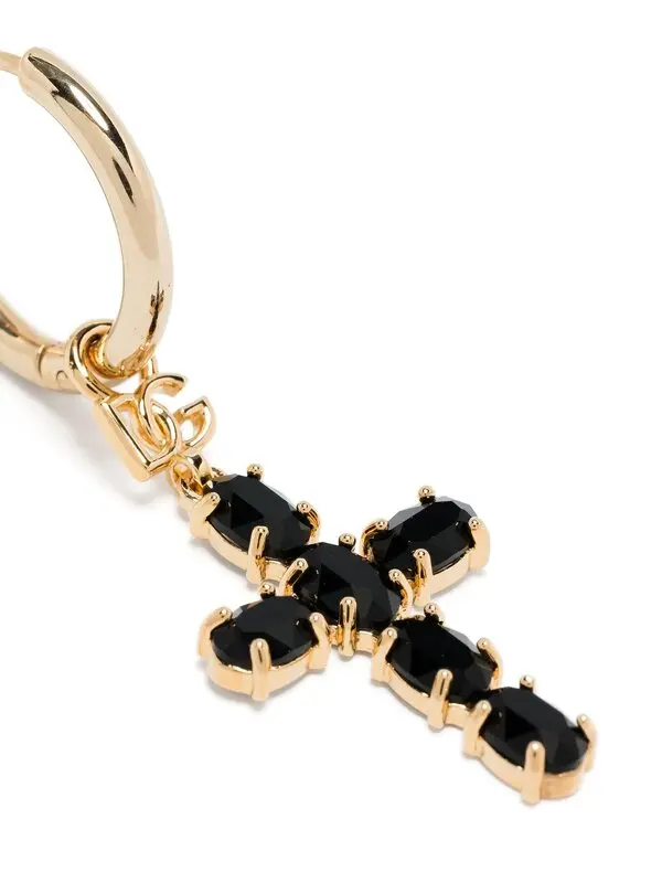 Dolce & Gabbana Gold Tone Hoop Earrings With Black Gemstone Cross - Oro