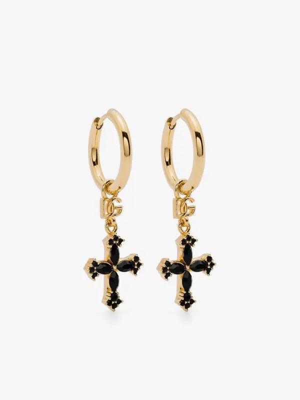 Dolce & Gabbana Gold Tone Hoop Earrings With Black Gemstone Cross - Oro