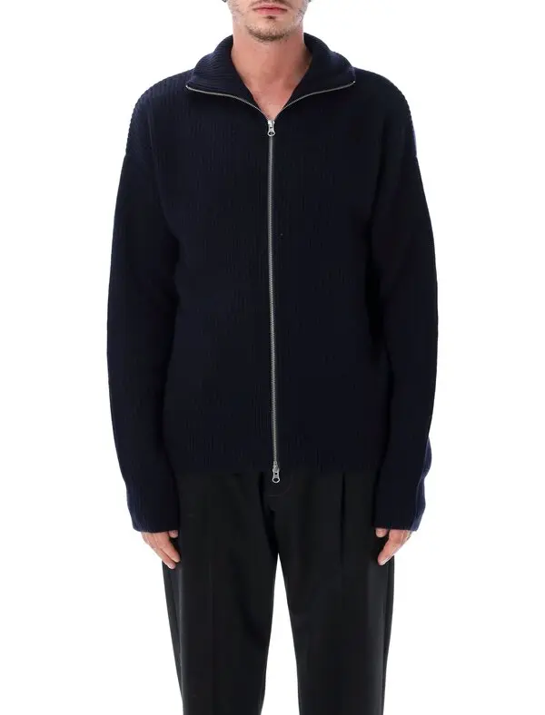 Extreme Cashmere Ribbed Knit Zip-front Cardigan With Stand Collar - Blu
