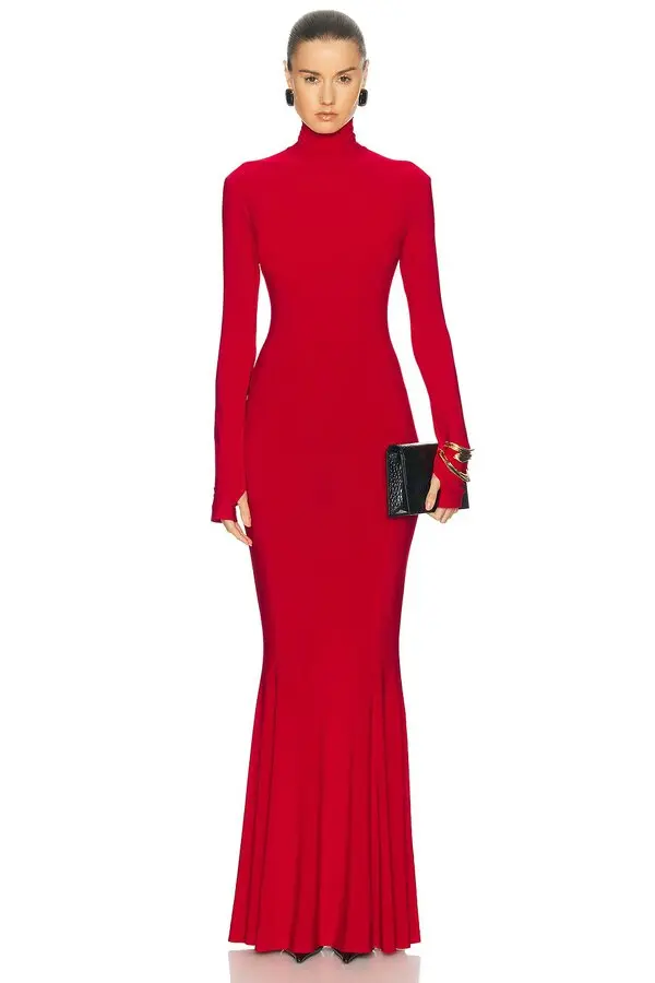 Norma Kamali Long Sleeve Turtle Fishtail Gown In Red