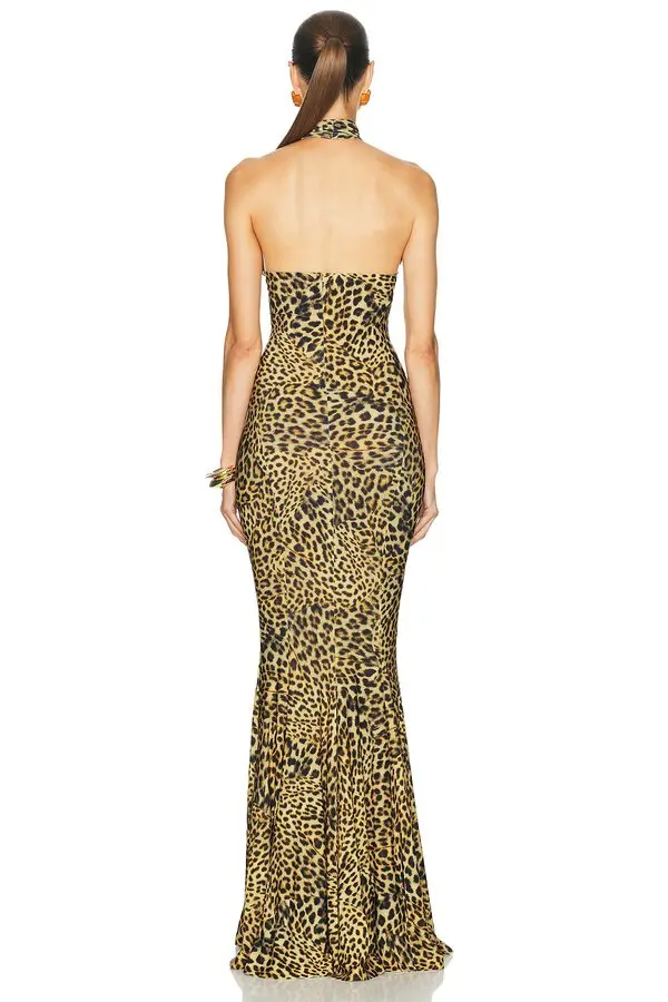 Norma Kamali Halter Turtle Fishtail Gown In Brown