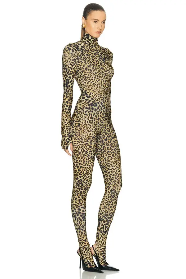 Norma Kamali Long Sleeve Slim Fit Catsuit With Footie In Leopard Print