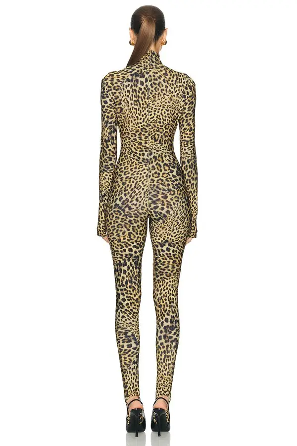 Norma Kamali Long Sleeve Slim Fit Catsuit With Footie In Leopard Print