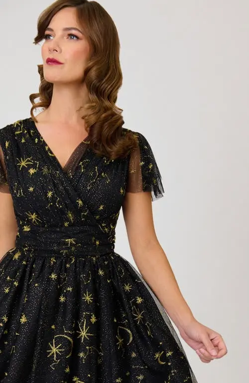 Unique Vintage Midori Celestial Print Swing Dress With Flutter Sleeves