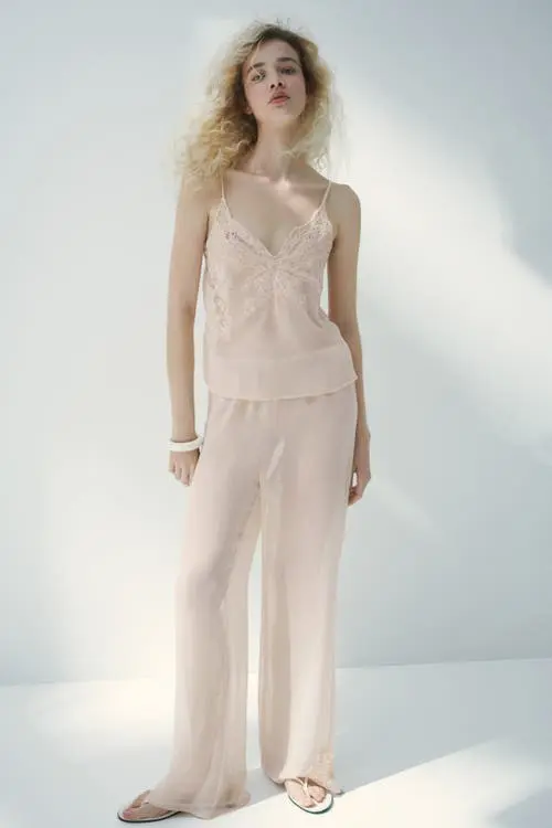 H&M Straight-leg Pants With Beaded Lace Appliqu