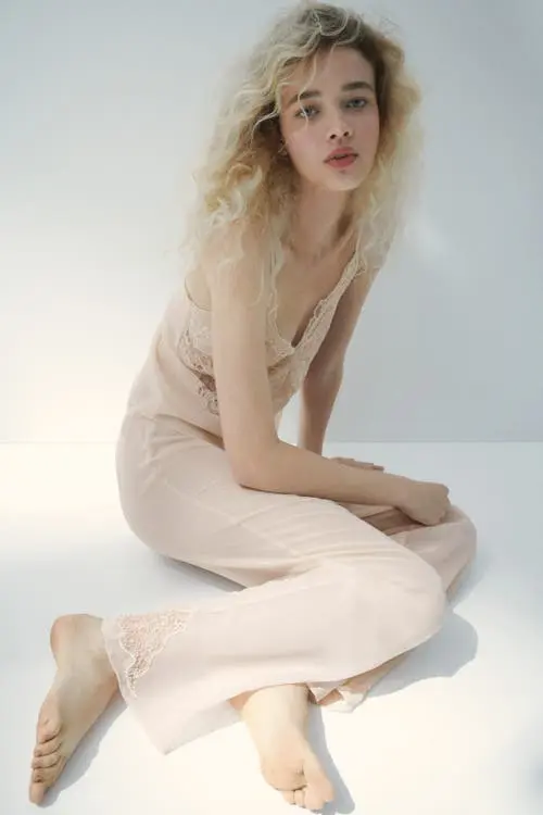 H&M Straight-leg Pants With Beaded Lace Appliqu