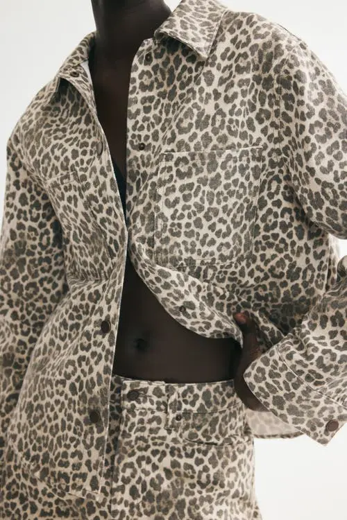 H&M Cotton Denim Overshirt With Leopard Print
