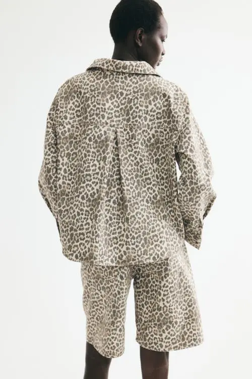 H&M Cotton Denim Overshirt With Leopard Print