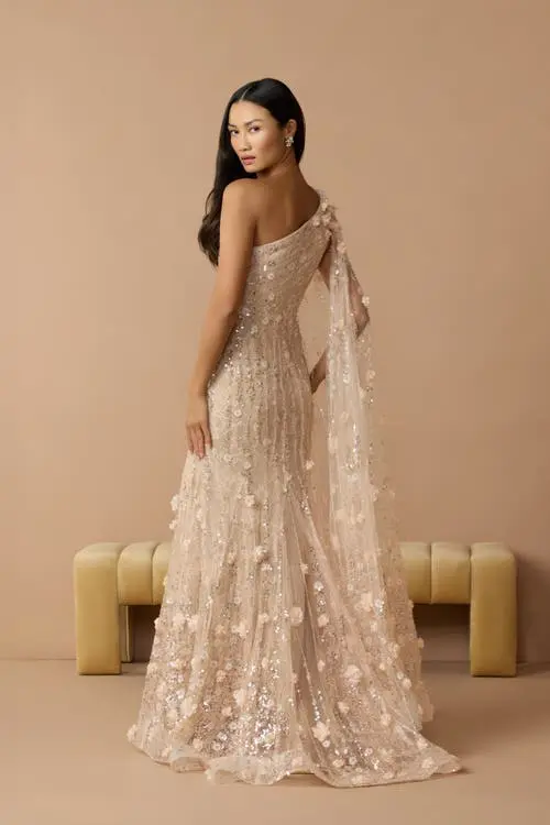Mac Duggal Petite One Shoulder Embellished Gown With Cape Sleeve