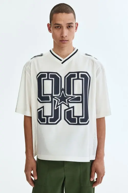 H&M Loose Fit Printed Mesh T-shirt - White/99