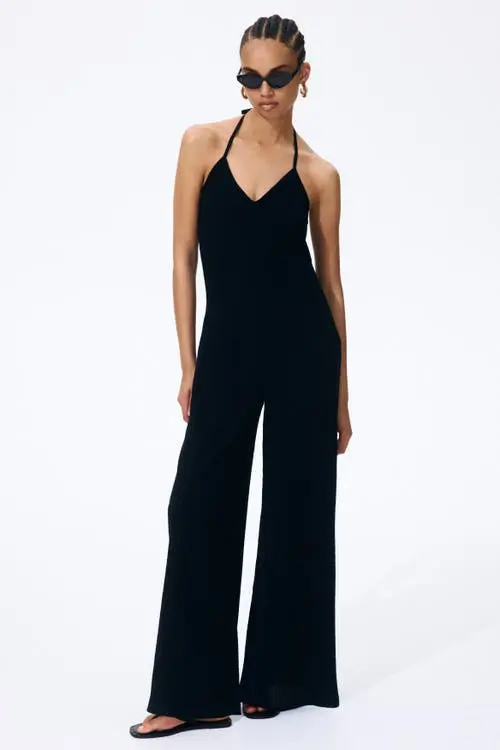 H&M Halterneck Textured Jumpsuit With Wide Legs - Black