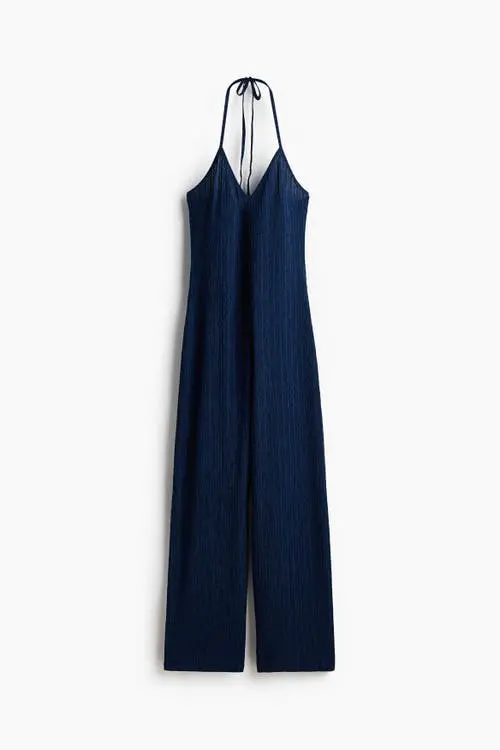 H&M Halterneck Textured Jumpsuit With Wide Legs - Dark Blue