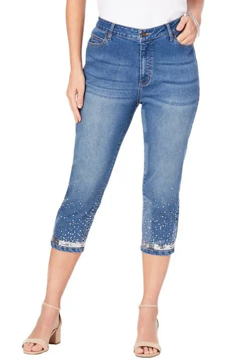 Roaman's Embellished Sequin Trim Capri Jeans - Medium Silver Sequin
