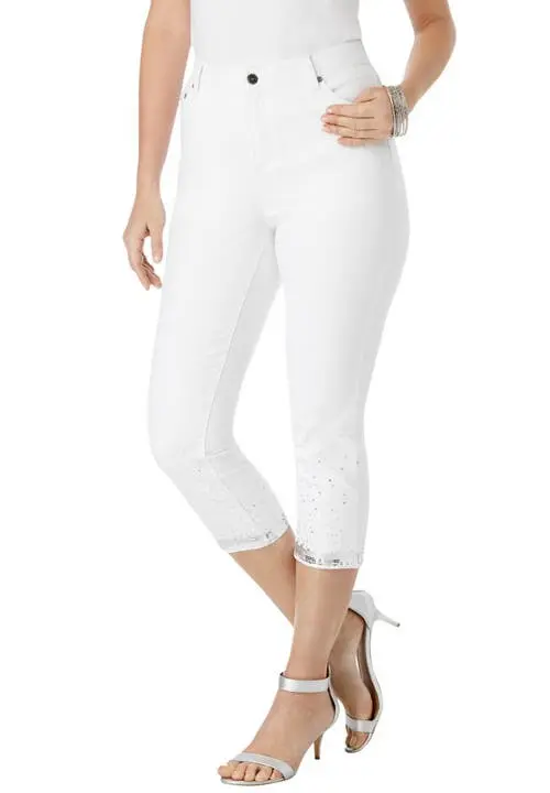 Roaman's Embellished Sequin Trim Capri Jeans - Silver Sequin Trim