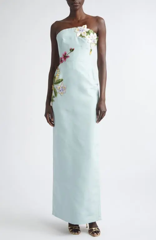 Oscar De La Renta Mixed Botanical Strapless Silk Faille Gown