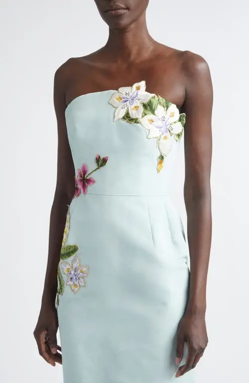 Oscar De La Renta Mixed Botanical Strapless Silk Faille Gown