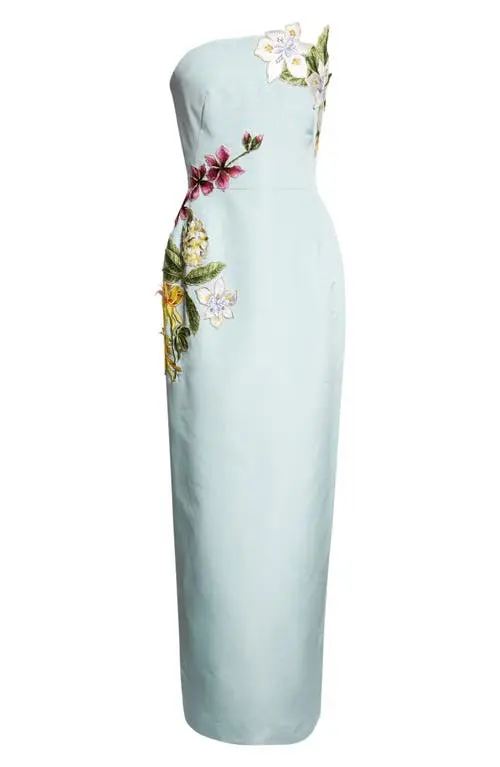 Oscar De La Renta Mixed Botanical Strapless Silk Faille Gown