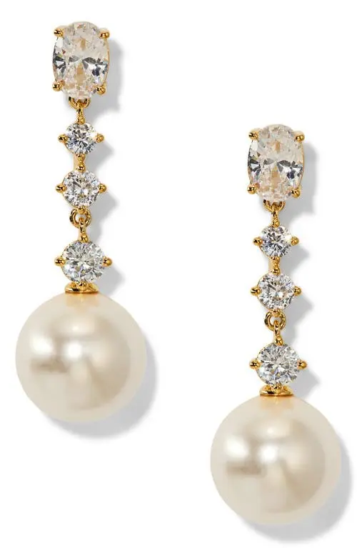 Nadri Imitation Pearl Cubic Zirconia Linear Drop Earrings - Gold