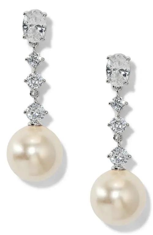 Nadri Imitation Pearl Cubic Zirconia Linear Drop Earrings - Rhodium