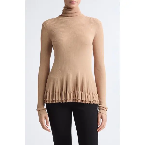 ASHLYN Meritt Ruffle Hem Rib Turtleneck Sweater - Tan
