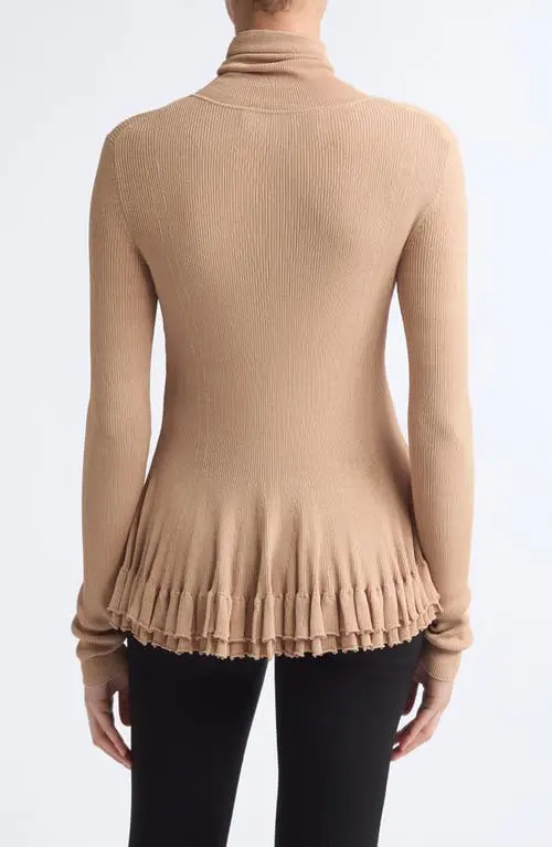 ASHLYN Meritt Ruffle Hem Rib Turtleneck Sweater - Tan