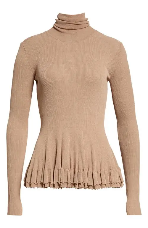 ASHLYN Meritt Ruffle Hem Rib Turtleneck Sweater - Tan