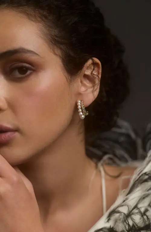 Nadri Imitation Pearl & Cubic Zirconia Double Row Hoop Earrings