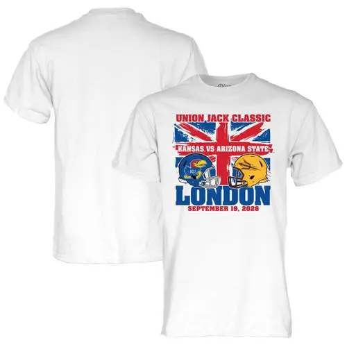 BLUE 84 Kansas Jayhawks Vs. Arizona State Sun Devils 2026 Union Jack Classic Matchup T-shirt - White