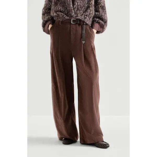 Brunello Cucinelli Stretch Cotton And Cashmere Corduroy Baggy Trousers With Monili - Chocolate