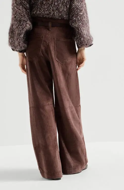 Brunello Cucinelli Stretch Cotton And Cashmere Corduroy Baggy Trousers With Monili - Chocolate