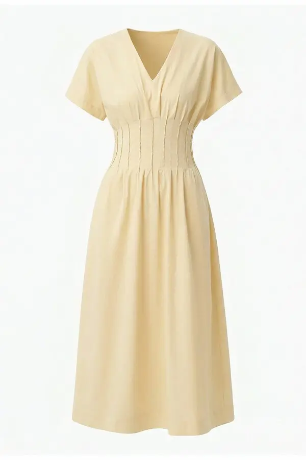 EXQUISE Neutrals Amaud Short Sleeve V Neck Midi Dress Cream - White