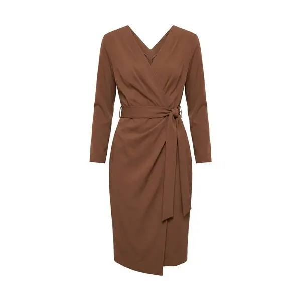 CONCEPT A TROIS Caramel Long-sleeved Wrap Cocktail Dress