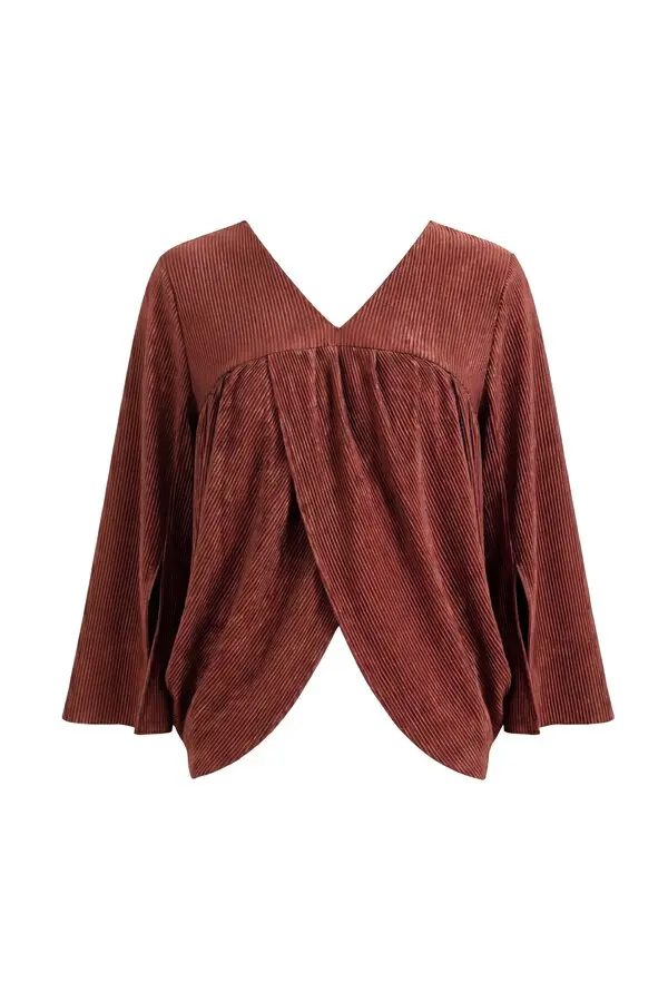 FLAUNT ARCHIVE Celia Top Micro-pleated Plissé V-neck Blouse
