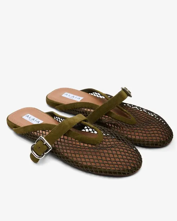 Alaïa Suede Mesh Ballet Mules - Green