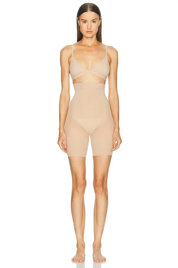SKIMS Sheer Seamless High Waisted Mid Thigh Short In Nude - Clay