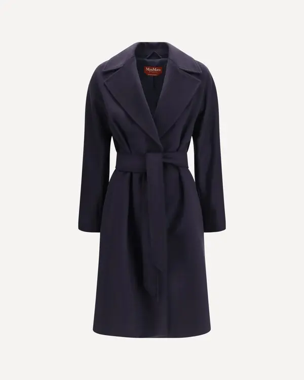 Max Mara Wool Coat With Peak Lapels And Belt - Blue