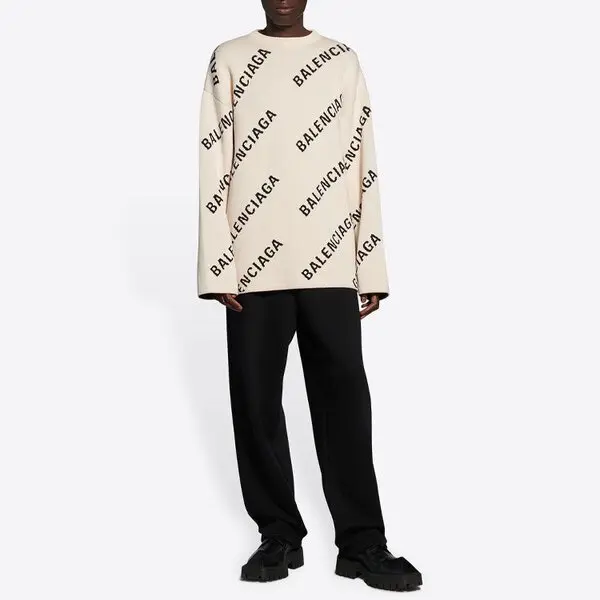 Balenciaga All Over Logo Crewneck Wool Knit Sweater