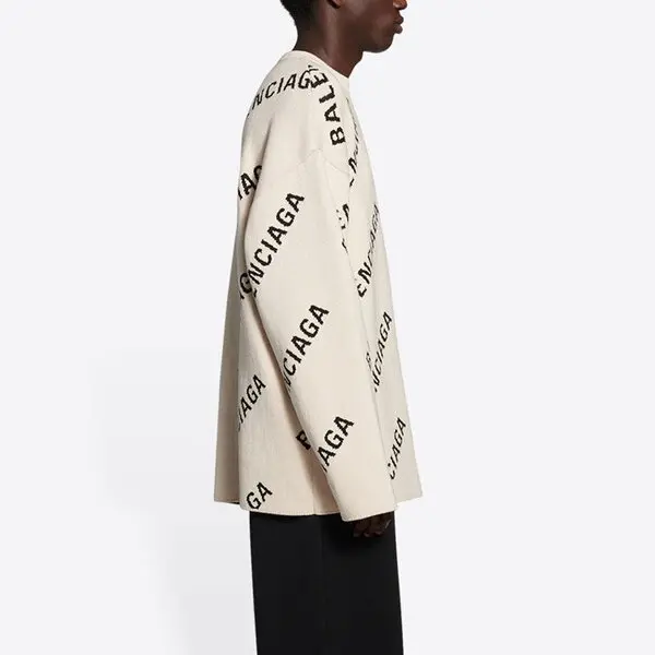Balenciaga All Over Logo Crewneck Wool Knit Sweater