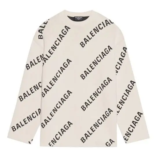 Balenciaga All Over Logo Crewneck Wool Knit Sweater - White
