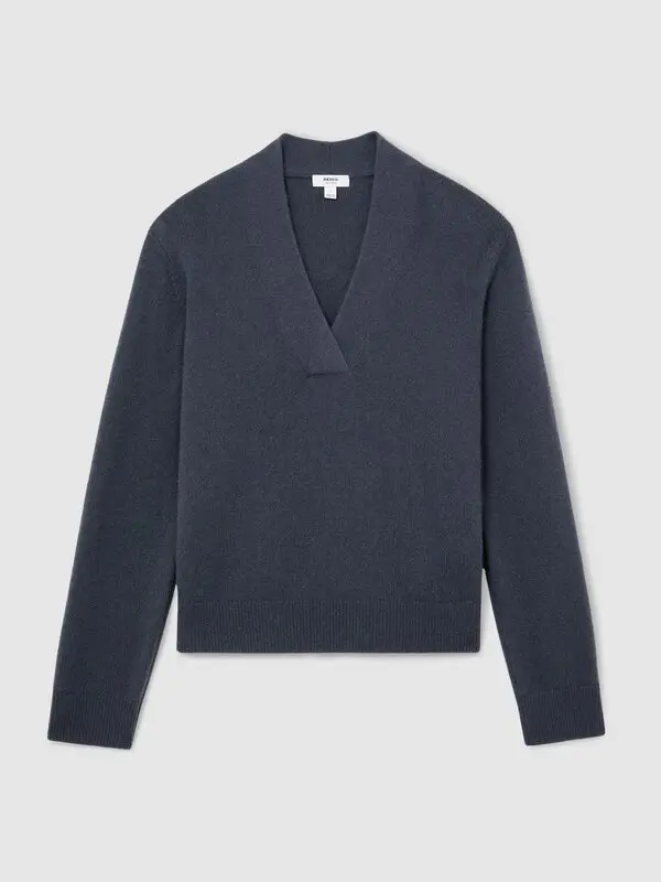 REISS Blanche 100% Cashmere Shawl-neck Jumper - Slate Blue