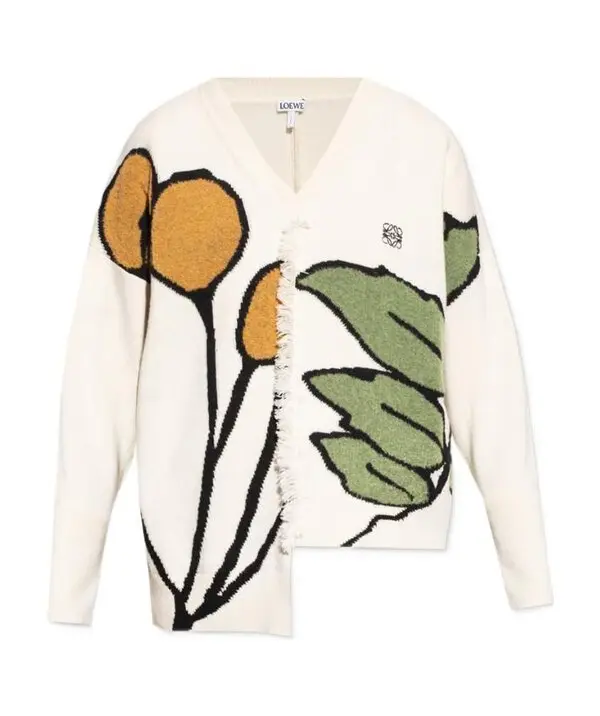 Loewe Asymmetric Floral Intarsia Knit V-neck Jumper - White